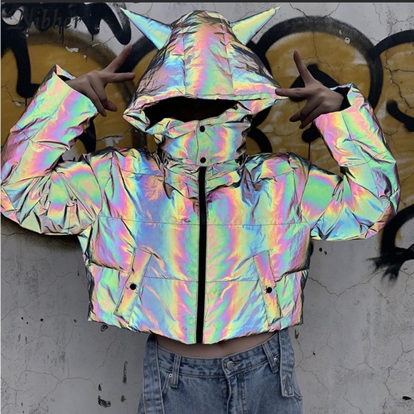 Jackets & Coats | Reflective Holographic Iridescent Hooded Horns ...
